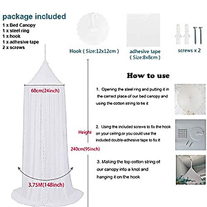 Kids Bed Canopy with Pom Pom Hanging Net for Baby Crib Nook Castle Game Tent Nursery Play Room Decor，White