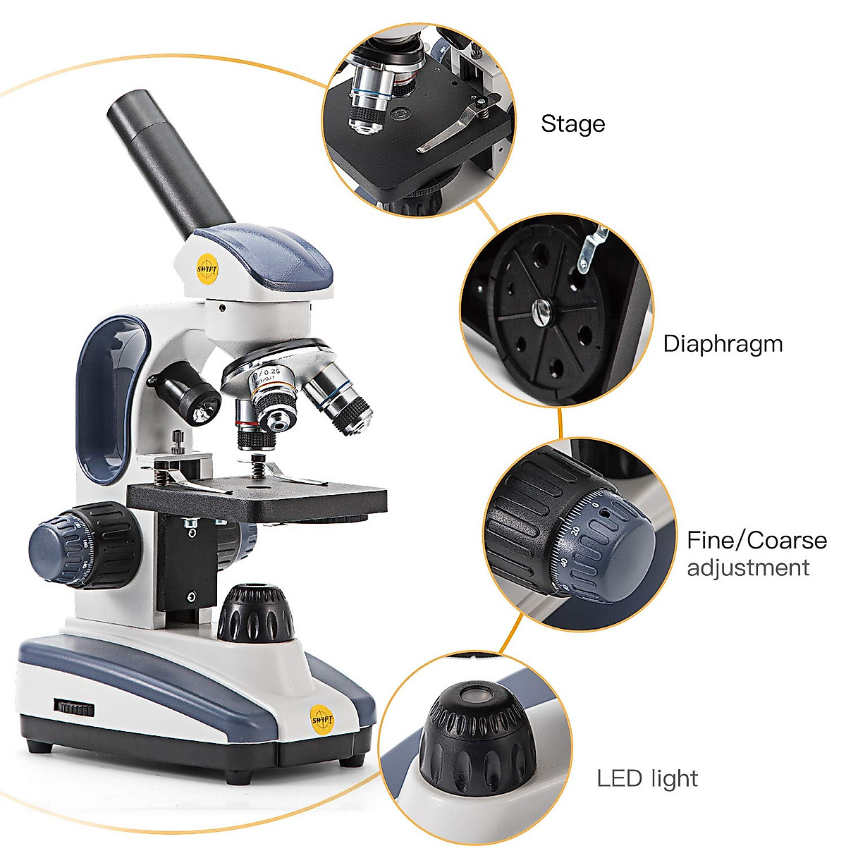 Swift Compound Monocular Microscope SW200DL Bundle with 50 Pre-Cleaned Blank Slides and 100 Glass Coverslips