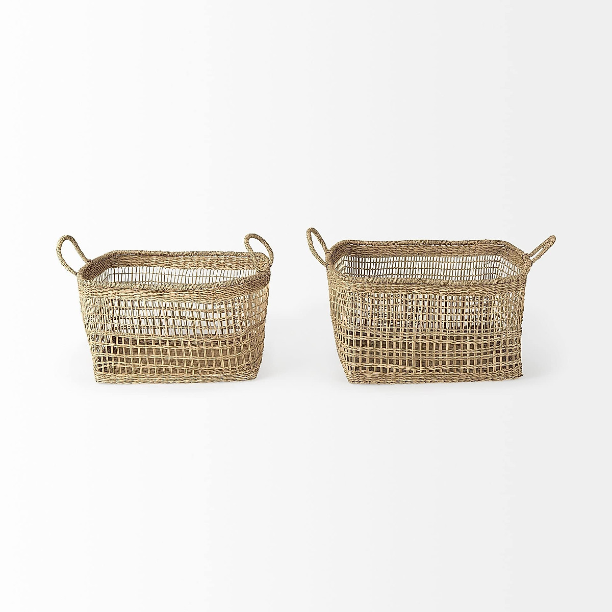18.5l X 14.6w 11.0h (Set Of 2) Medium Brown Seagrass Rectangular Basket W/Handles Handmade