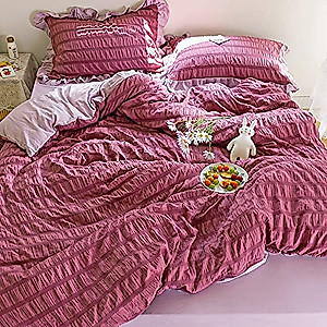Xicennego 4 Piece Seersucker Duvet Cover Set, Princess Bedding Set, 1 Duvet Cover, 1 Washed Cotton Flat Sheets, 2 Pillowcases (King, Purple)