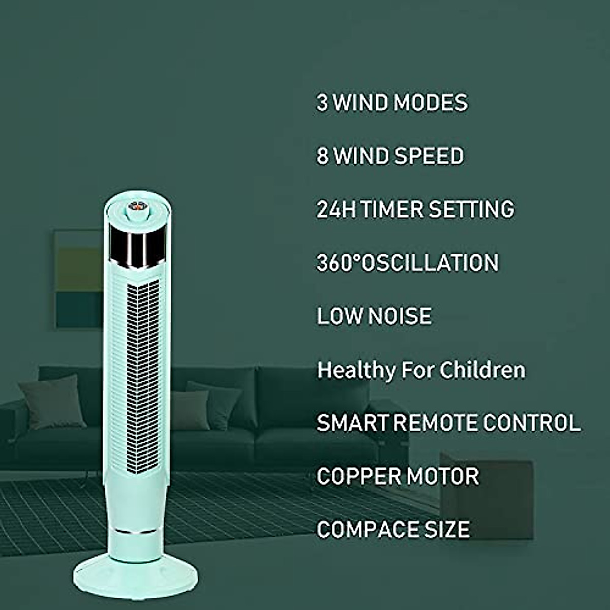 Antarctic Star Tower Fan 360°Oscillating Fan Quiet Cooling 24H Timer Remote Control Powerful Standing 8 Wind Speed 3 Wind Modes Bladeless Floor Fans Portable LED Display,Bedroom Office 40-Inch GREEN