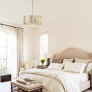 Wrlmfy Gold Drum Chandelier 4-Light, Modern Drum Pendant Lighting Fixture with Tiffany Glass Shade, 16” Round Ceiling Hanging Light for Bedroom Dining Room Kitchen Entryway Living Room (gold)