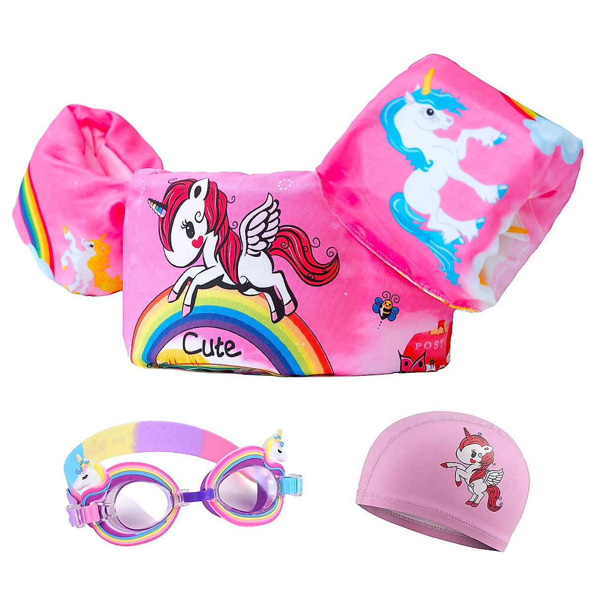 GoKiddie Unicorn Swim Jumper for Girls 22 to 55 Pounds - Rainbow Kids Vest Jackets, Floaties, Arm Floats, Puddle Paddle Jumper for 22-30-40-50-55 lbs Kid with Swimming Goggles & Cap for Toddler, Child