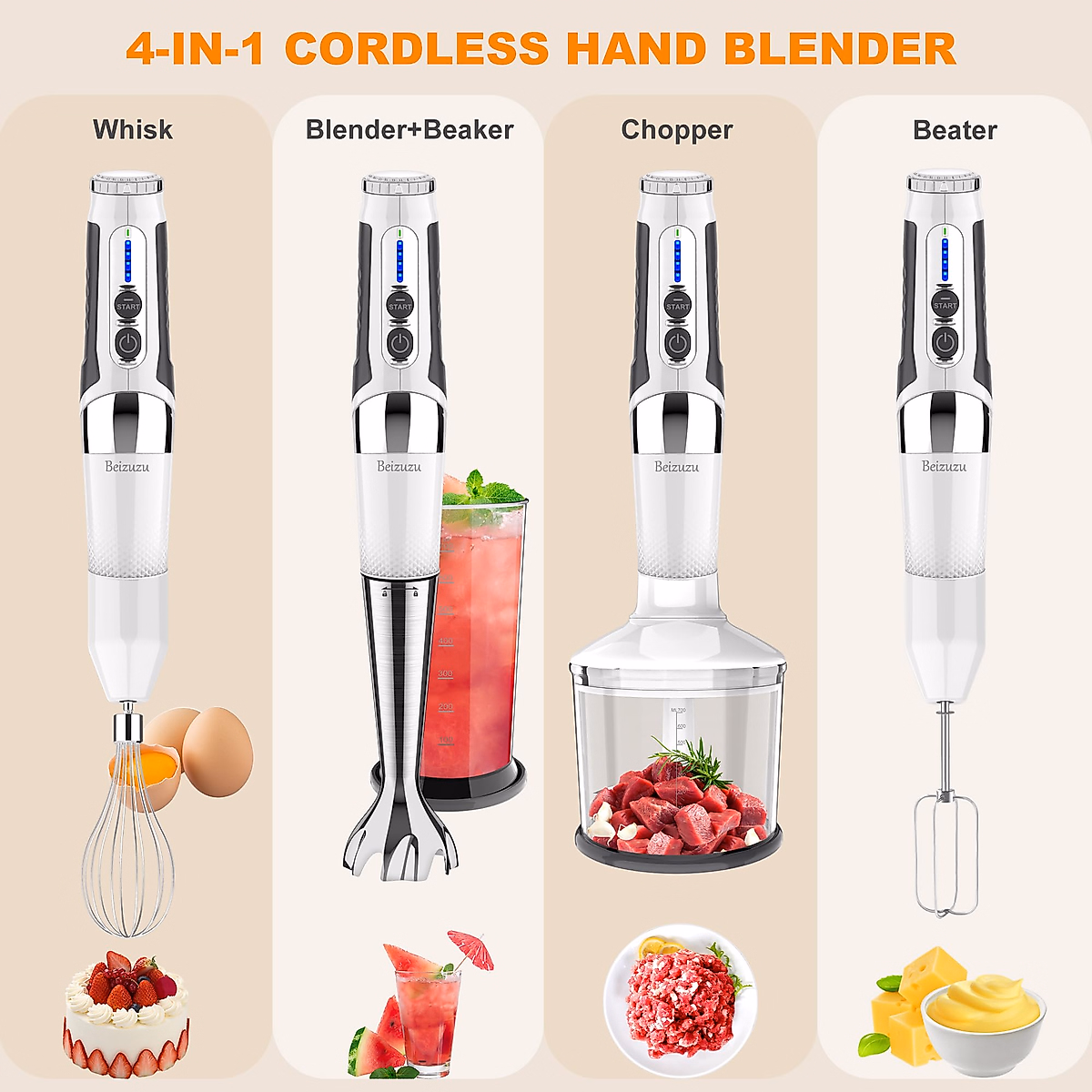 Cordless Hand Blender: 4-in-1 USB Rechargeable Immersion Blender, 21 Variable Speeds & 3-Angle Adjustable with 700ml Chopper, 700ml Beaker, Egg Whisk and Beater for Smoothies, Soup, Baby Food (White)