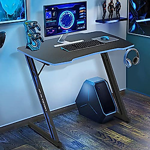 HKLGorg Gaming Desk 39" Computer Desk Gaming Table Writing Table Modern Ergonomic Racing Style Home Office Desk Workstation Carbon Fiber Headphone Hook for Men Boyfriend Female Gift- Blue