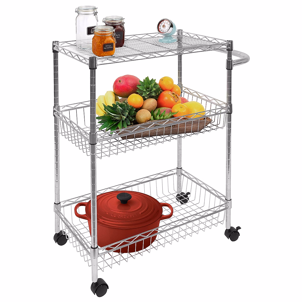 Mount-It! Mesh Wire Rolling Cart | 3-Tier Multi-Function Metal Trolley for Kitchen Storage and Organization | Heavy-Duty Storage Cart with Wheels and Handle | Silver