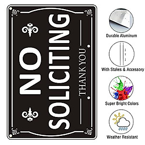MongFun No Soliciting Sign with Stakes for Yard, 12" x 8" Rust Free Aluminum Sign with 16" Posts (Style A)