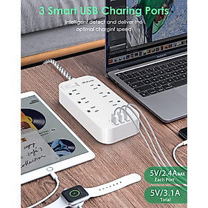 Power Strip - 10 FT Long Flat Plug Extension Cord, 6 Outlets 3 USB Ports Outlet Extender with Overload Protection, Wall Mount, Desktop Charging Station for Home, Office and Dorm Essential