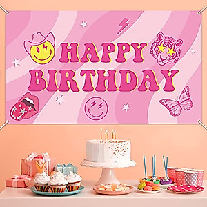 AellasNervalt Preppy Birthday Party Backdrop Hot Pink Smiling Face Lip Butterfly Banner Extra Large Y2k Happy Birthday Background Banners Photo Booth Prop Decor Supplies for Girls Party 6.6 x 3.8 ft
