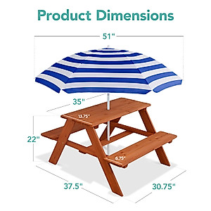 Best Choice Products Kids Wooden Picnic Table, Outdoor Activity & Dining Table w/Adjustable Collapsible Umbrella, Built-in Seats - Golden Brown/Navy