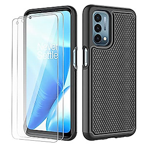 for OnePlus Nord N200 5G Case: Heavy Duty Shockproof Protective Phone Case [2 Tempered Glass Screen Protector] Anti-Slip Textured Hard Cover + Soft Silicone Rubber Bumper, Military Armor Case - Black