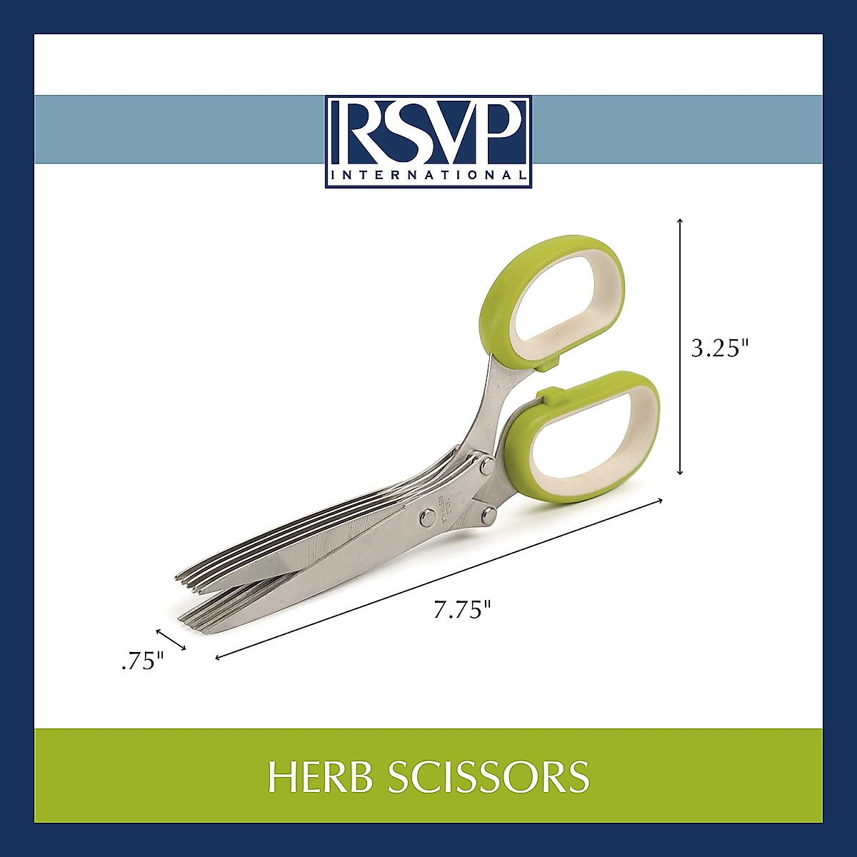 RSVP International (SNIP) Stainless Steel 5 Blade Herb Scissors, Green/White | Cut, Chop, Mince & Snip Herbs | Easy & Safe to Store | Use with Basil, Thyme, Parsley & More | Dishwasher Safe