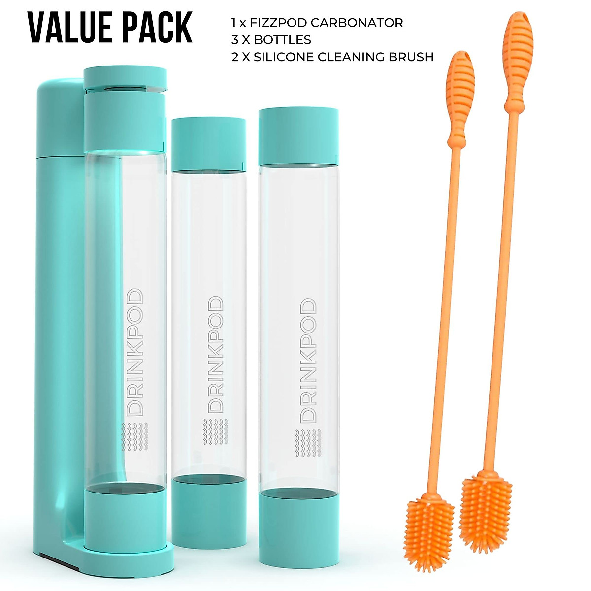 Fizzpod Home Soda Maker Sparkling Water Carbonator With 3 Bottles and 2 Bottle Brushes (Aruba Blue)