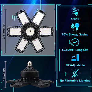 Bnselt 4 Pack 185W LED Garage Lights, 18500LM Deformable Garage Lights Ceiling Led with 6+1 Panel,6500K Daylight Adjustable Folding Garage Led Shop Lights E26/E27 for Garage,Workshop,Basement