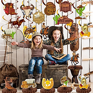 Western Cowboy Party Decorations Western Banner Wild West Hanging Swirls Cowboy Honeycomb Centerpieces for Cowboy Theme Birthday Baby Shower Party Supplies
