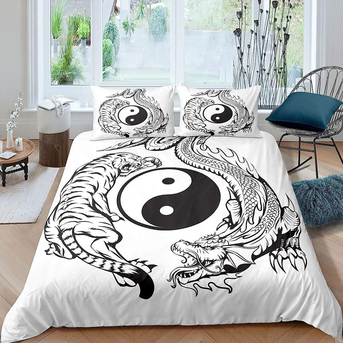 Yin Yang Bedding Set Dragon Tiger Fighting Comforter Cover Traditional Chinese Tai Chi Diagram Duvet Cover Lightweight Bedroom Decoration For Kids Boys Girls Teens Adults Queen Size Black White