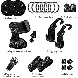 Tallew 20 Pcs Bling Car Accessories for Women, Rhinestone Car Accessories Set, Bling Car Phone Holder Mount, Bling Dual USB Car Adapter, Bling Car, Bling Glasses Holders(Black)