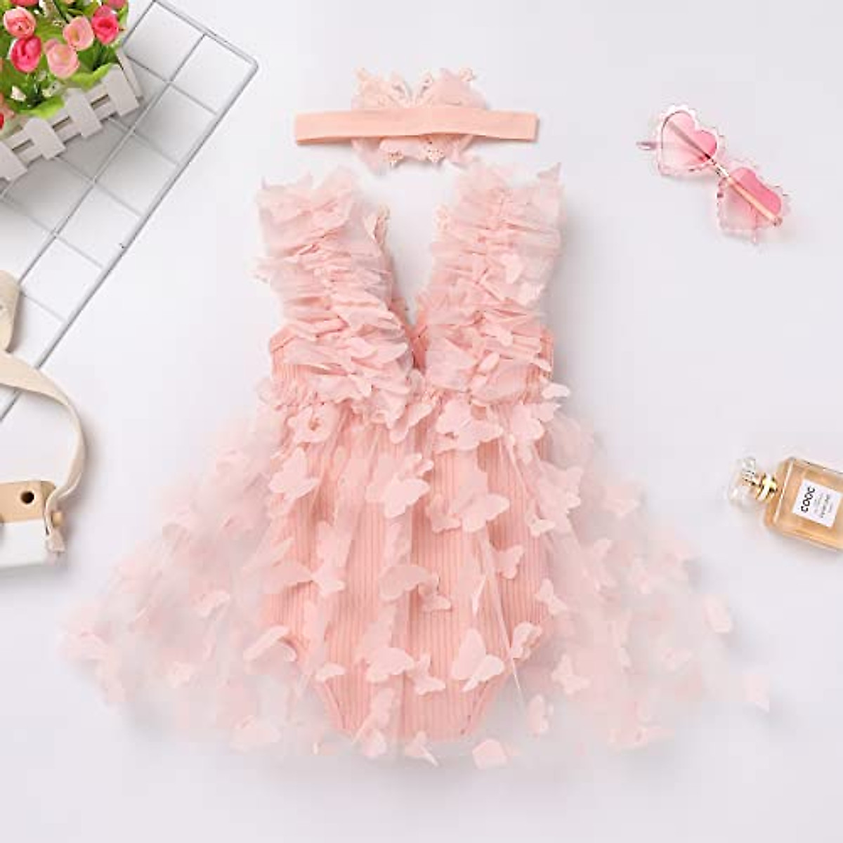 First Birthday Outfit Girl: Baby Butterfly Outfits Boho Romper Princess Butterfly Dress for Toddler Headband Cake Smash Easter Newborn Photography Butterflies Tutu Infant Photoshoot Pink 6-12 Months