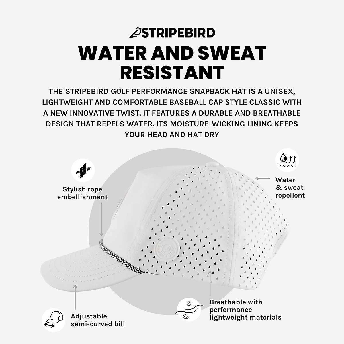 Stripebird - Golf Performance Snapback Hat Logo, White - Water-Resistant Baseball Cap for Men and Women - Rope Hat