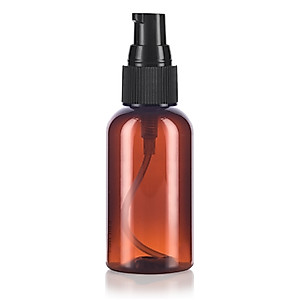 JUVITUS 2 oz Amber Boston Round Plastic PET Bottles with Black Treatment Pump (12 Pack)