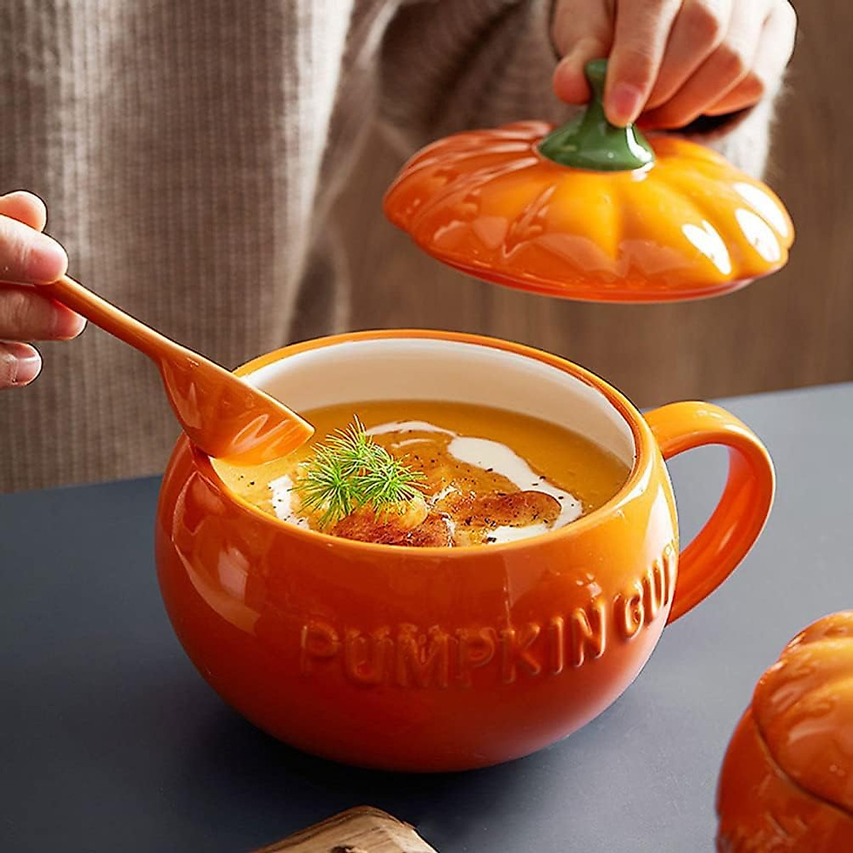 Luxshiny 2 Pcs Pumpkin Ceramic Soup Bowl Porcelain Pumpkin Shape Sugar Dessert Bowl with Lid Ceramic Dinnerware for Halloween