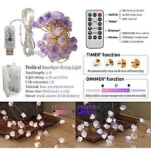 Nature Amethyst Crystal String Lights for Bedroom 10FT 40LEDs USB/Battery Operated Grape Crystal Light Pure Purple Fairy Lights Plug in for Natural Life Cute String Lights for Office