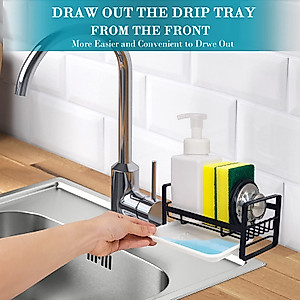 VANTEN Kitchen Sink Caddy Sponge Holder Sink Caddy Organizer, Sponge Holder for Sink, Sink Tray Drainer Rack, Soap Dish Dispenser Brush Holder Storage Kitchen Accessories -Countertop or Adhesive