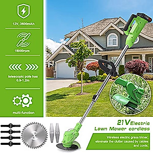 dsfen Electric Lawn Mower Rechargeable Li-ion Battery Cordless Grass Trimmer Auto Release Household Portable Garden Home Trimming Machine for Gardening Green