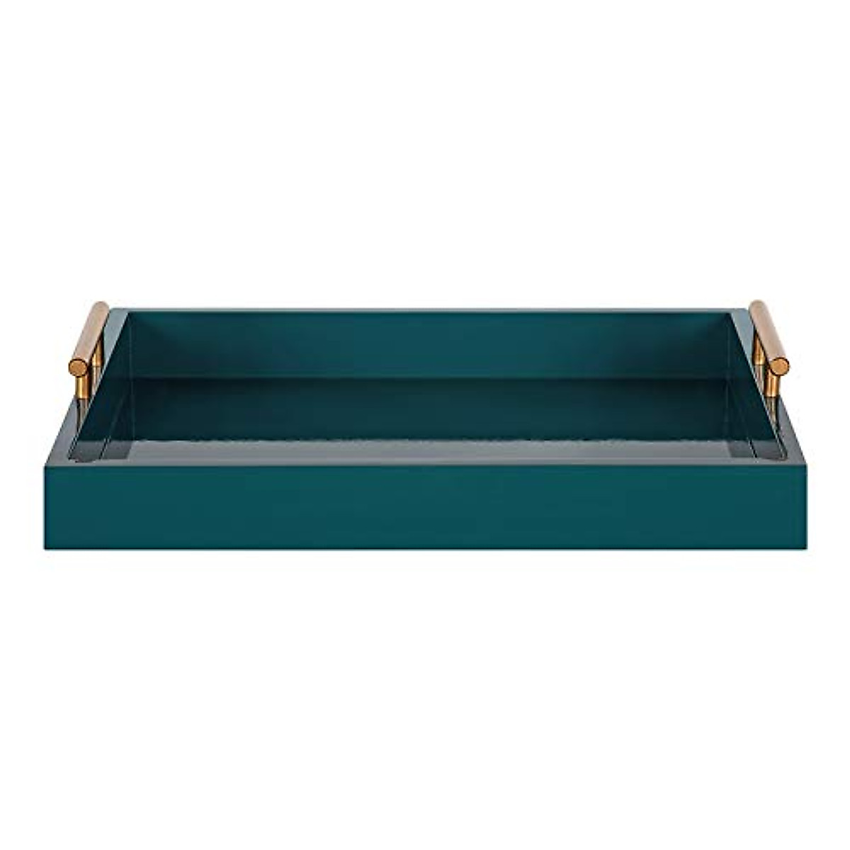 Kate and Laurel Lipton Mid Century Modern Decorative Wood Tray with Brushed Gold Metal Handles, Dark Teal