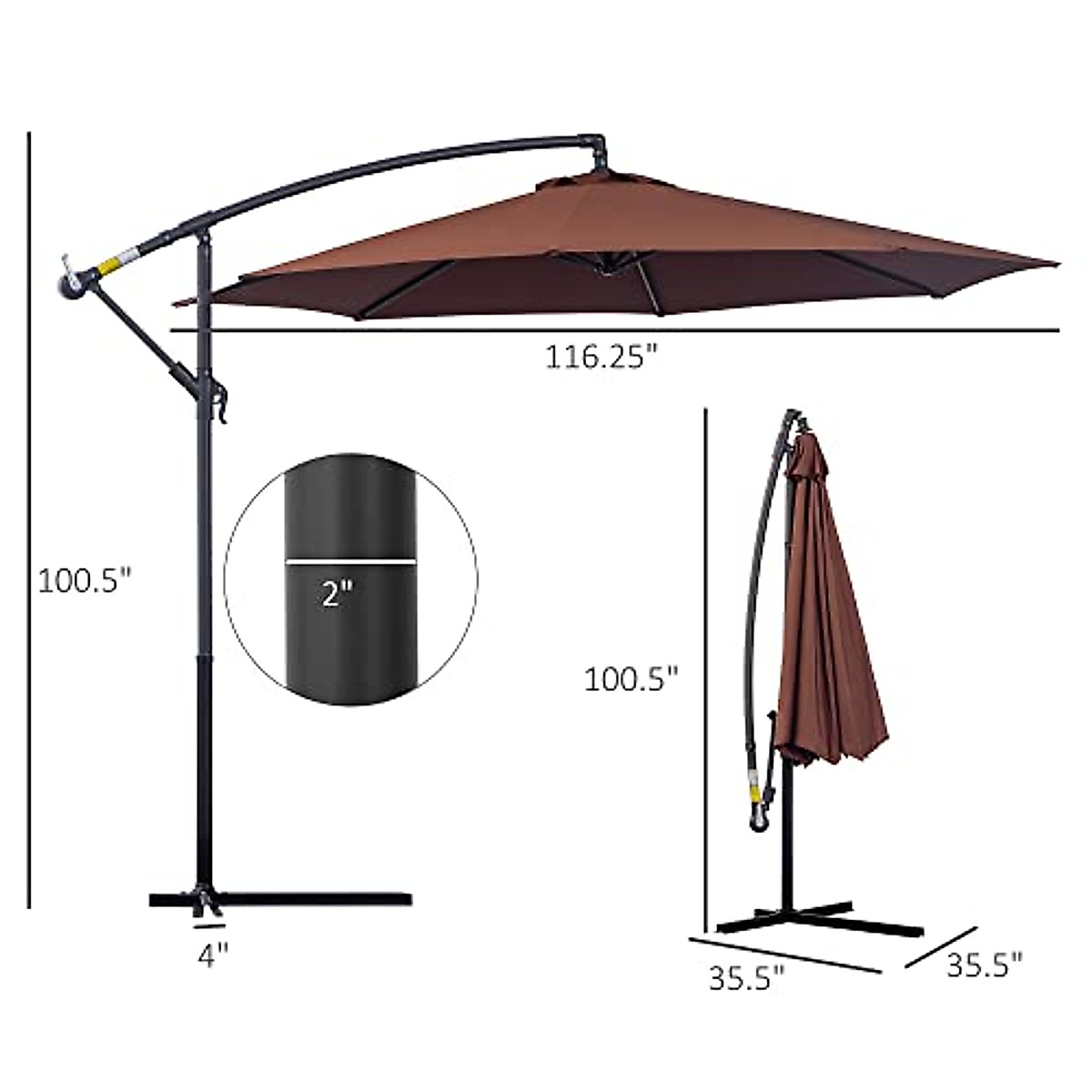 Outsunny 10' Cantilever Hanging Tilt Offset Patio Umbrella with UV & Water Fighting Material and a Sturdy Stand, Brown