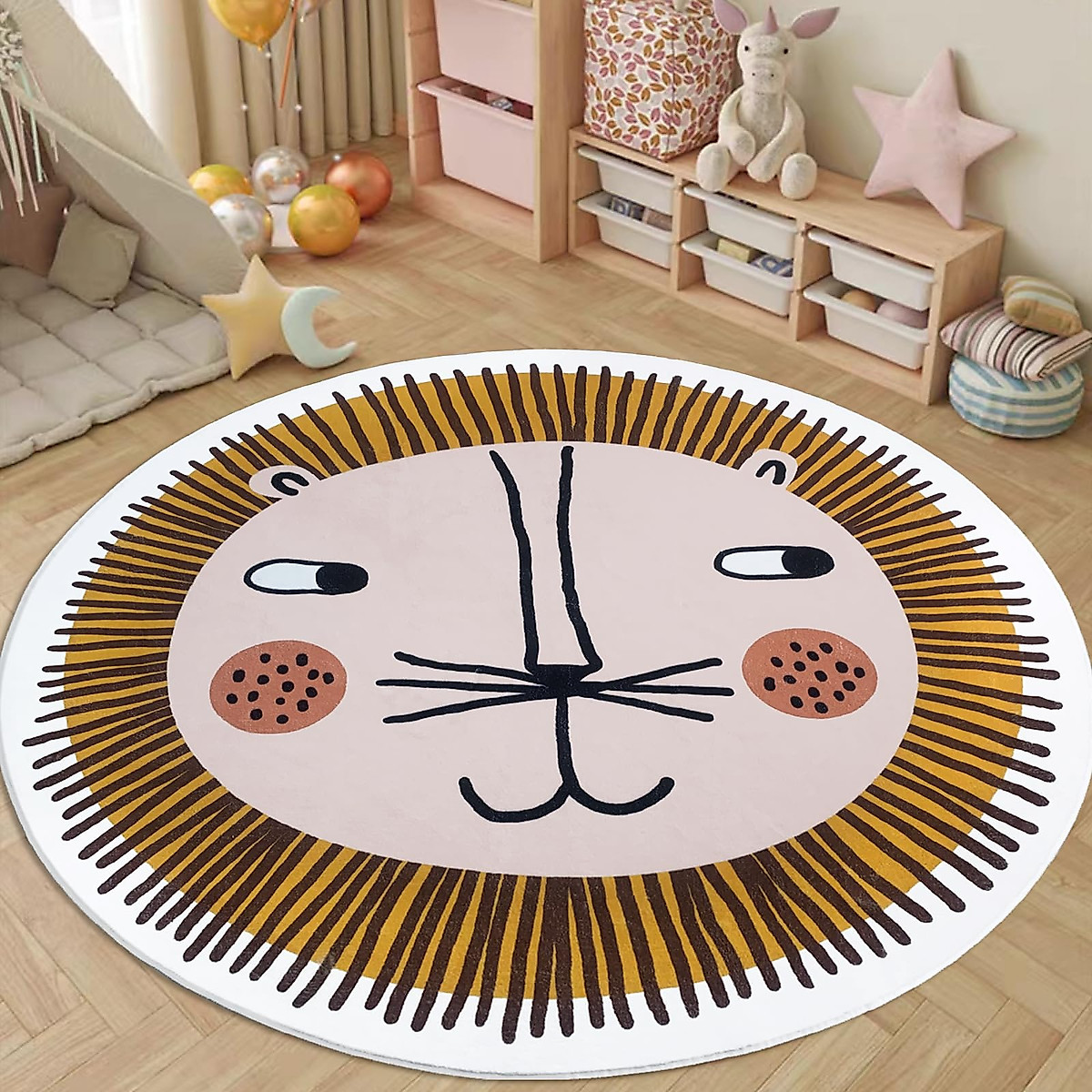USTIDE Lion Rug Round Area Rug for Living Room 5.2 Ft Washable Nursery Rug for Playroom Yellow Circle Rug for Kids Room Non Slip Animal Carpet Soft Large Kids Rug for Classroom Dorm Kids Bedroom