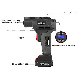 Excited Work 12V Portable Air Compressors Cordless Tire Inflator, 2.0 Ah Rechargeable Battery and Quick Charger, Max 150PSI, with 3 Nozzles, 4 Unit Meters, Fits Cars Motorcycles etc