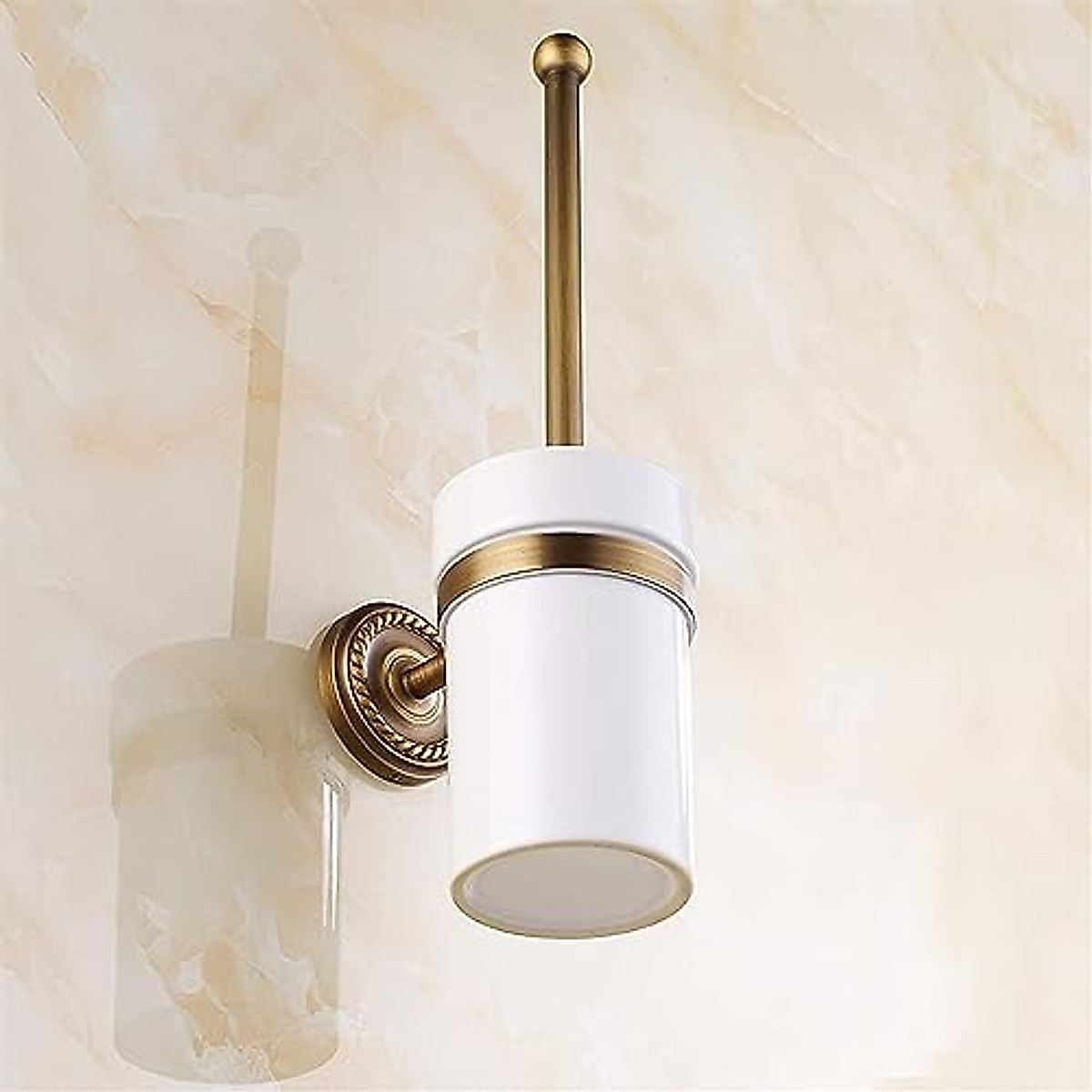 AAMNA Antique Brass Toilet Brush and Holder Wall-Mounted Ceramic Cleaning Brush w/Long Handle Deep Cleaner for Bathroom Storage and Organization