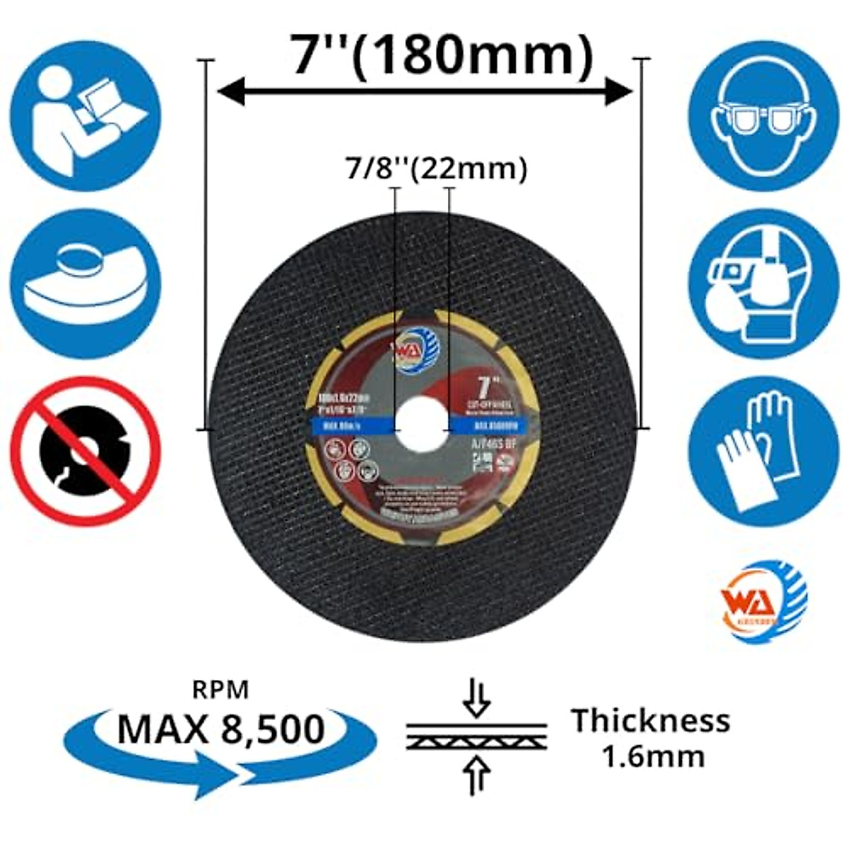 WA 10PACK - 7”x1/16"x7/8" Cutting Wheel for Metal & Stainless Steel, Cut-Off Discs Used On Angle Grinder, Diameter 7 inch, Arbor 7/8 inch, Aggressive Cut
