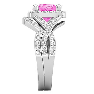 Dazzlingrock Collection 8 mm Round Lab Created Pink Sapphire & White Cubic Zirconia Women Split Shank Halo Wedding Ring Set, Sterling Silver, Size 6