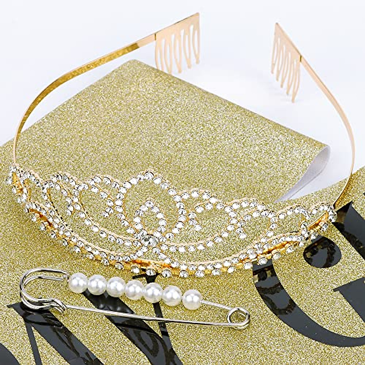 FASOTY Birthday Crown and Birthday Girl Sash Birthday for Women Crowns Tiara for Women and Birthday Sash for Women Birthday Decorations for Girls Rhinestone Crown Princess Birthday Decorations Gold