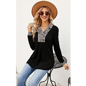 Newchoice Women Tunic Sweatshirt Work Summer Lapel Collar Long Sleeve Shirt Sweatshirts Pullover Blouse Tops(01Black White.XL)