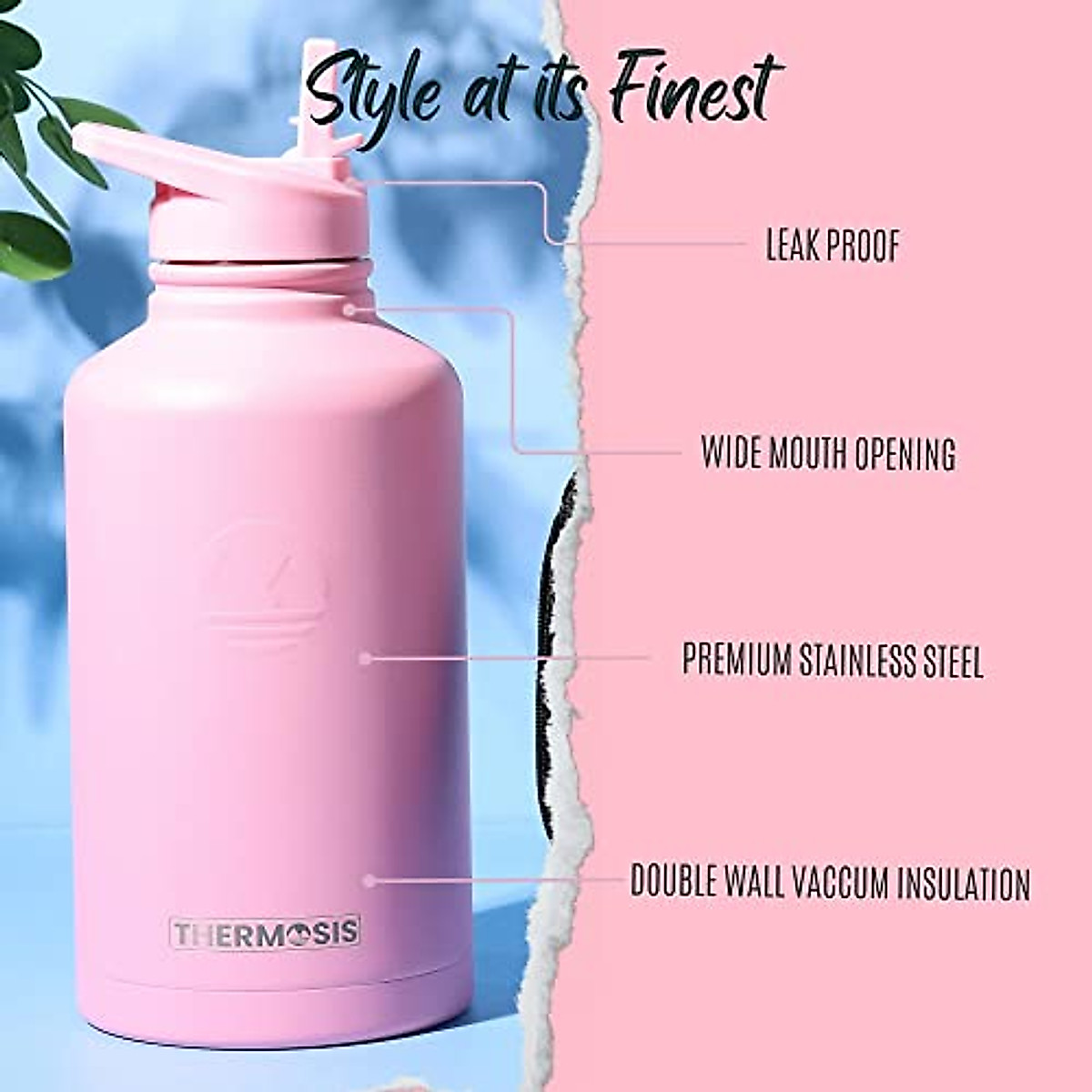 THERMOSIS 64 Oz Water Bottle With Straw, Half Gallon Water Bottle Thermos With Wide Mouth Opening and 2Lids. Includes Sports Water Bottle Holder With Strap (1/2 Gallon Water Jug) - Pink Water Bottle