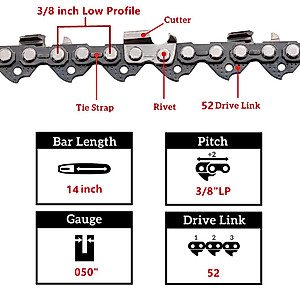 Kohnkdllc 14 Inch Chainsaw Chains .050" Gauge, 3/8" LP Pitch, 52 Drive Links S52 for Greenworks Husqvarna Poulan Echo Worx and for RYOBI RY3716, 2 pack
