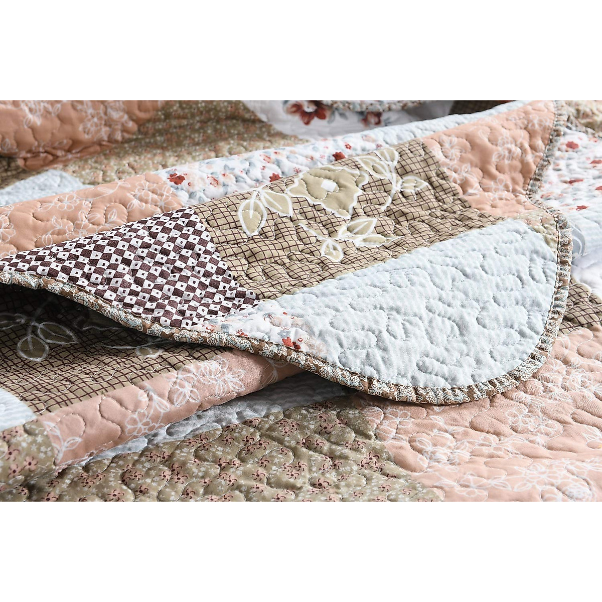 Travan 3-Piece Queen Quilt Set Quilted Bedspread Lightweight Reversible Coverlet Set Floral Printed Quilted Bedding Set with Shams for All Season, Brown Floral, Queen Size