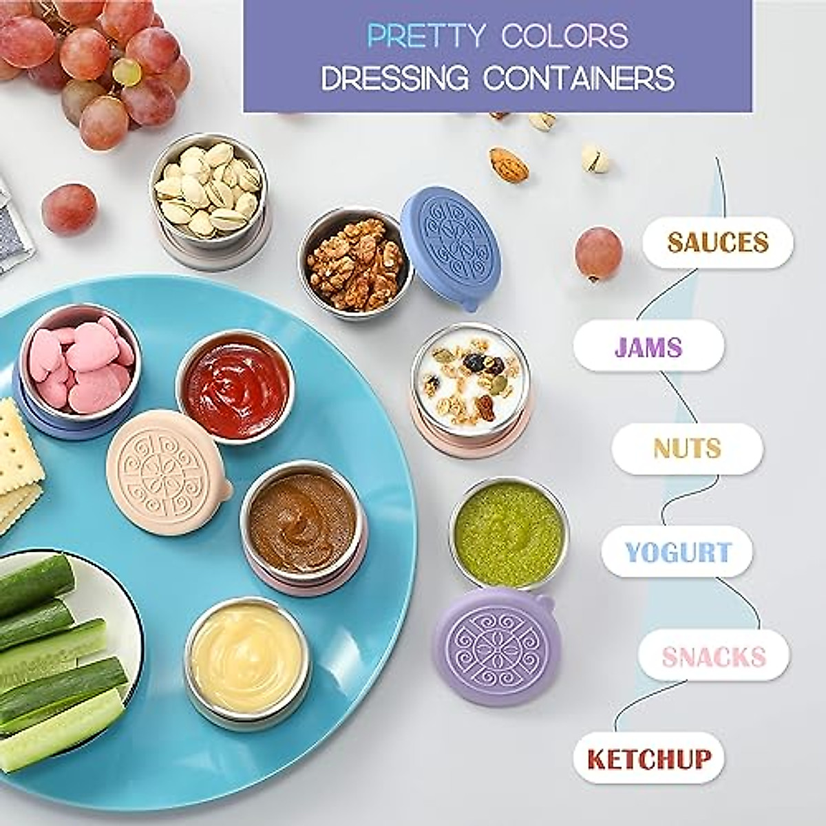 [6 Pack] Salad Dressing Container To Go, 1.6 oz Small Condiment Containers with Lids, Reusable Stainless Steel Sauce Cups Containers, Leakproof Silicone Lids for Lunch Bento Box, Picnic and Travel
