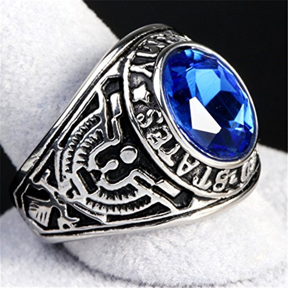 HIJONES Men's Stainless Steel United States Army Ring with Red Stone, Blue Size 10