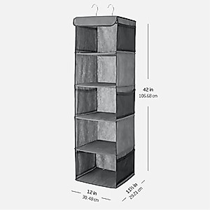 ZOBER Hanging Closet Organizer and Storage Shelves - 5-Shelf Wardrobe Clothes Organizer for Dorm Room, Baby Nursery, Small Closet Storage - 12" x 11.5" x 42", Grey