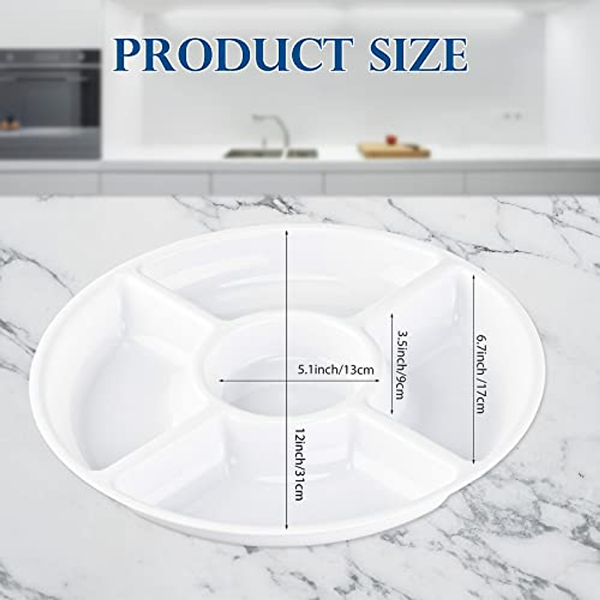 24 Pcs 5 Sectional Round Plastic Serving Tray 12 Inches Divided Plates Plastic Chip and Dip Bowl with Dividers Fruit Platter Tray for Parties Veggie Dish Tray for Food Candy Party, Black and White