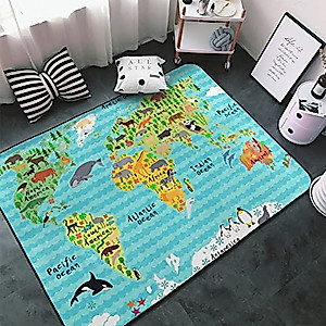 Soft Area Rugs Animal Map Of The World With Waves Kids Floor Rug Nursery Throw Rugs Kitchen Doormats Children Carpets Boys Girls Playmat Yoga Mat Bedside Rug for Bedroom Playing Living Room,72X48 inch