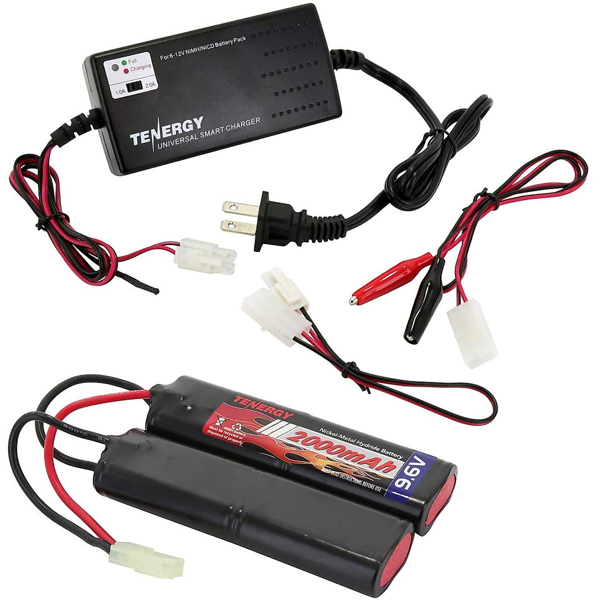 Tenergy 9.6V Airsoft Battery and Charger, 2000mAh NiMH Nunchuck Battery w/Mini Tamiya Connector for Airsoft Guns M249, M240B, M14, RPK, PKM, L85, AUG, G3