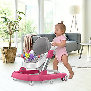 (Rose-red) Baby Walker, 6-Gear Height Adjustable Foldable Baby Walkers and Activity Center, Baby Walker with Wheels, Infant Toddler Walker with Music Disk, Baby Walkers for Baby Boys and Girls