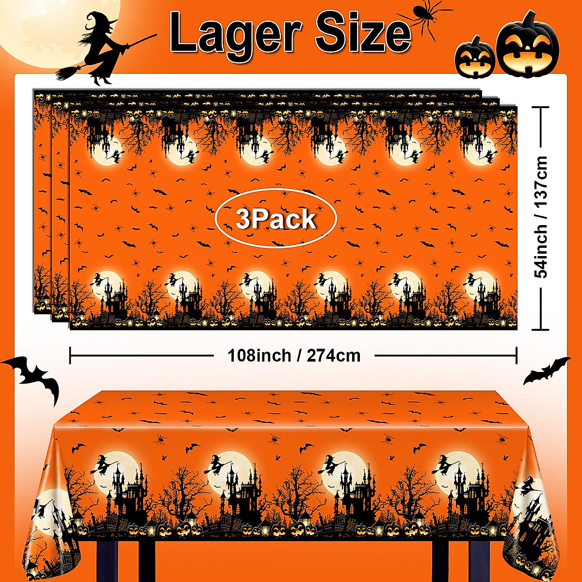 Avezano 3 pcs Halloween Tablecloths Halloween Table Cloth Rectangle Full Moon Scary Night Castle Halloween Party Table Cover 108x54 Inch (Orange)