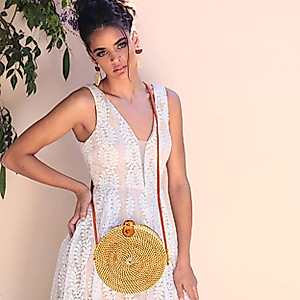 Rattan Bags for Women - Handmade Wicker Woven Purse Handbag Circle Boho Bag Bali (Brown Small)