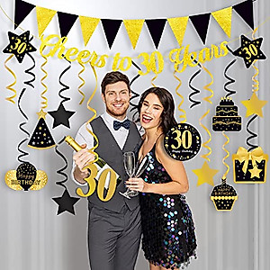 PRE-STRUNG 30th Birthday Banner, Cheers to 30 Years Banner, Happy 30th Birthday Hanging Swirl Ceiling Decoration for Men Women Him Her, Black Gold 30 Year Old Birthday Party Decor Kit, 30PCS, Vicycaty